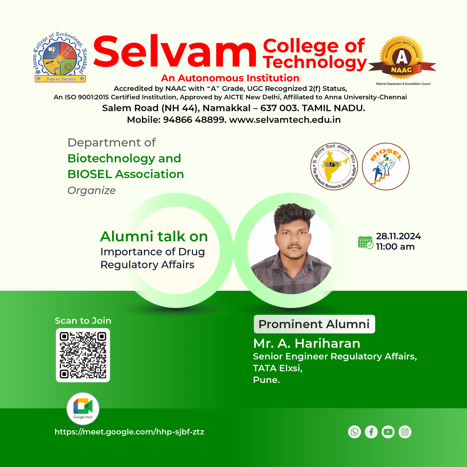 Alumni Talk Webinar on "Importance of Drug Regulatory Affairs" - Selvam ...